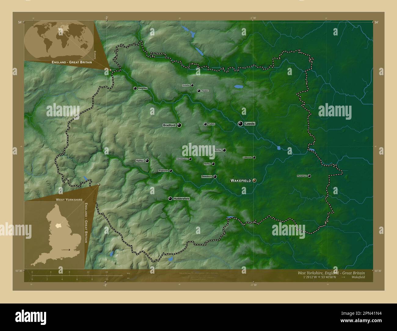 West Yorkshire, region of England - Great Britain. Colored elevation ...