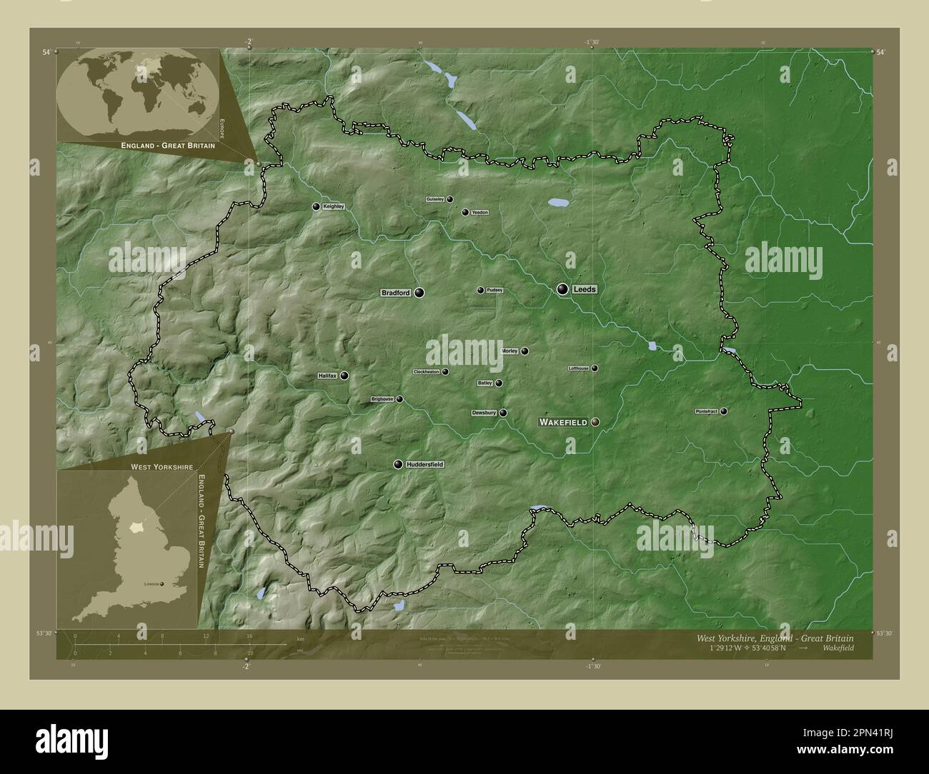 West Yorkshire, region of England - Great Britain. Elevation map ...