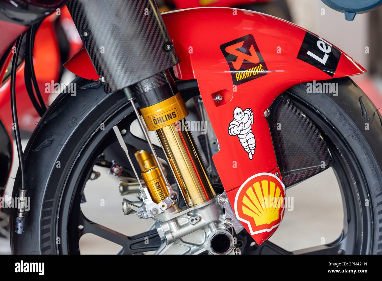 AUSTIN, TX - APRIL 15: Ducati Lenovo Team motorcycle front fork and ...