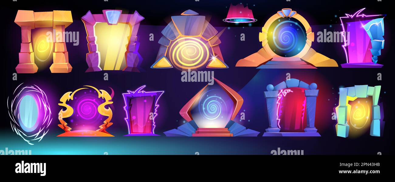 Vector set of cartoon magic portals, fantasy teleports. Circle and ...