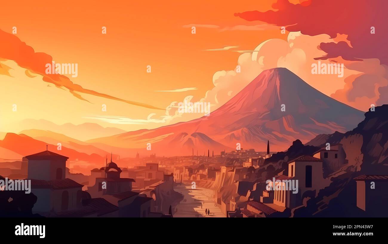 Illustration of a panoramic view of Pompeii and Mount Vesuvius, Italy ...