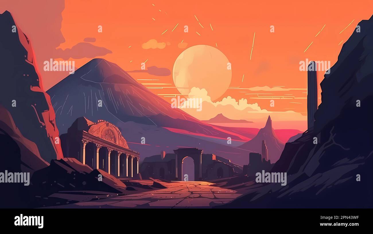 Illustration of a panoramic view of Pompeii and Mount Vesuvius, Italy ...