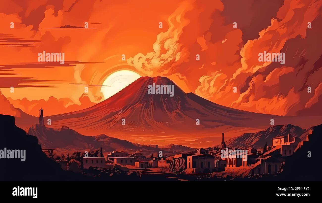 Illustration of a panoramic view of Pompeii and Mount Vesuvius, Italy ...