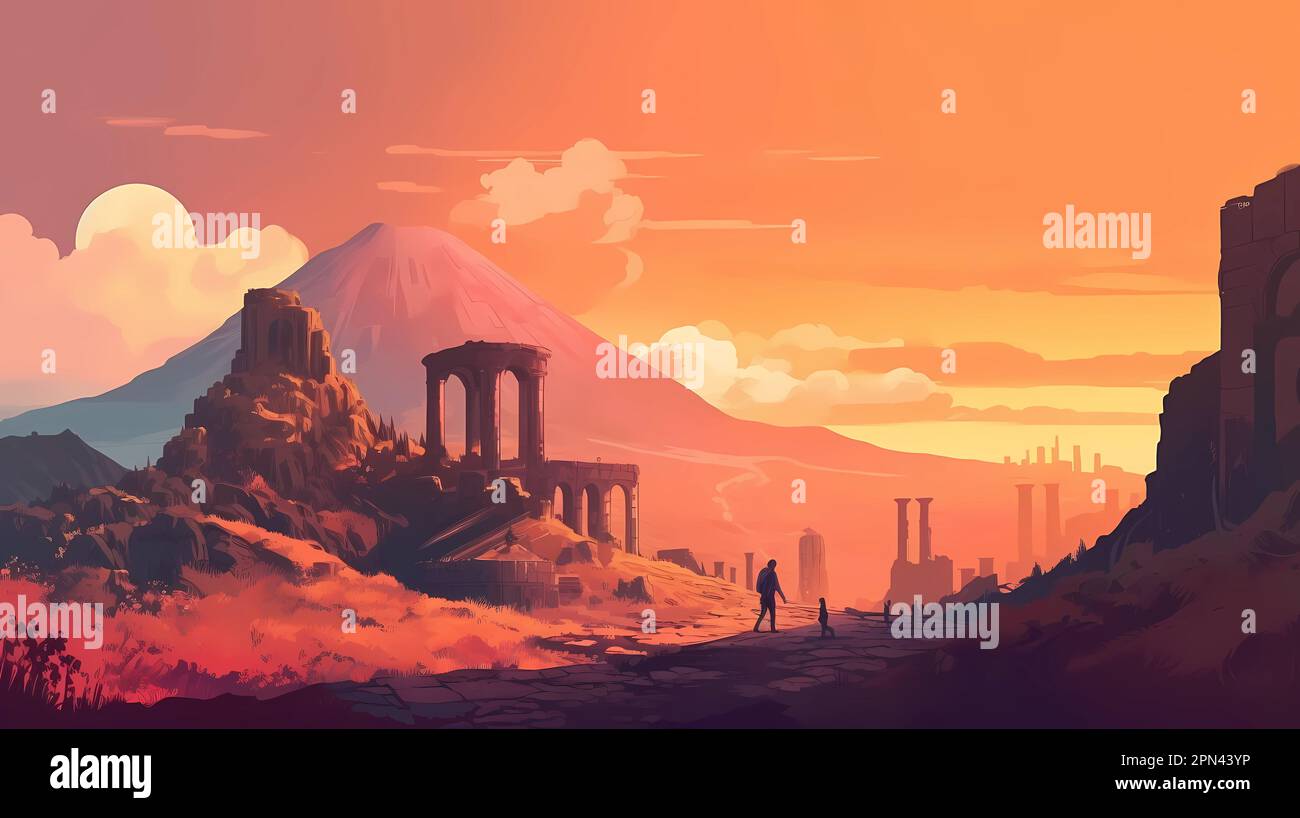 Illustration of a panoramic view of Pompeii and Mount Vesuvius, Italy ...