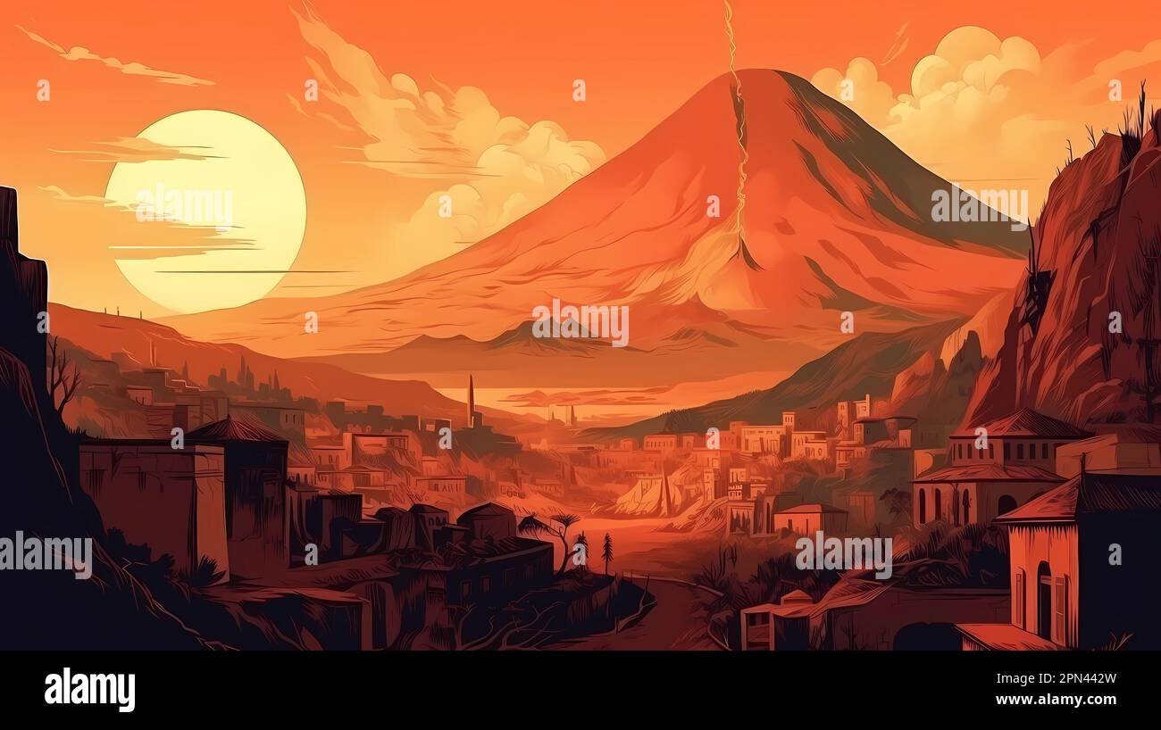 Illustration of a panoramic view of Pompeii and Mount Vesuvius, Italy ...