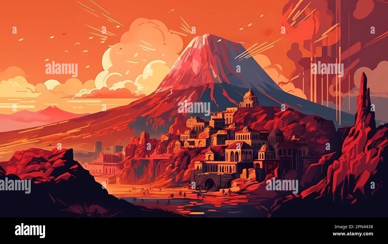 Illustration of a panoramic view of Pompeii and Mount Vesuvius, Italy ...