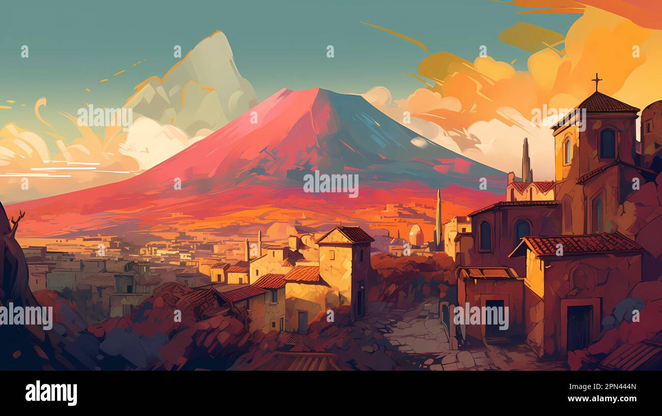 Illustration of a panoramic view of Pompeii and Mount Vesuvius, Italy ...