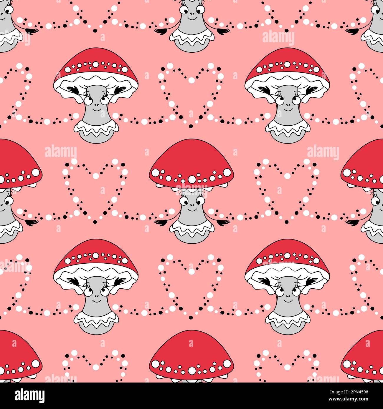 Cute agaric mushroom seamless pattern. Red background with fungus and ...