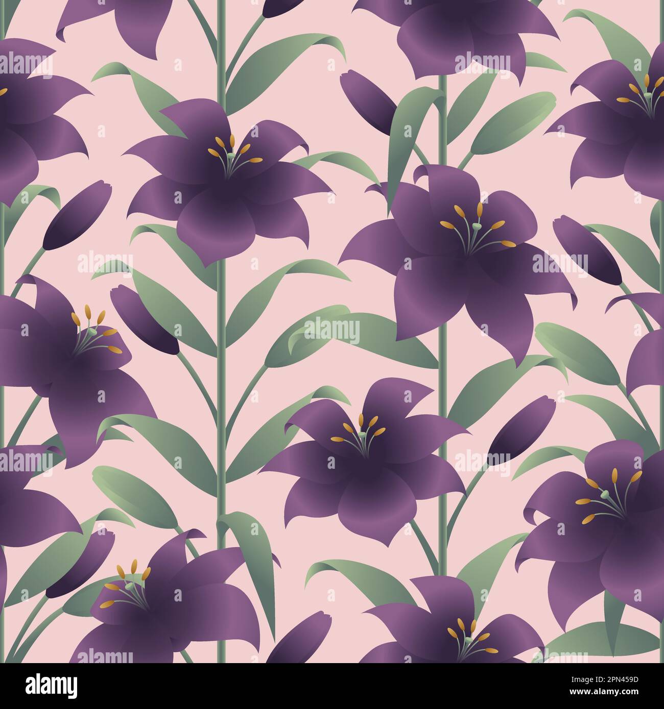 Purple lily flower seamless pattern. Realistic style floral ornate ...