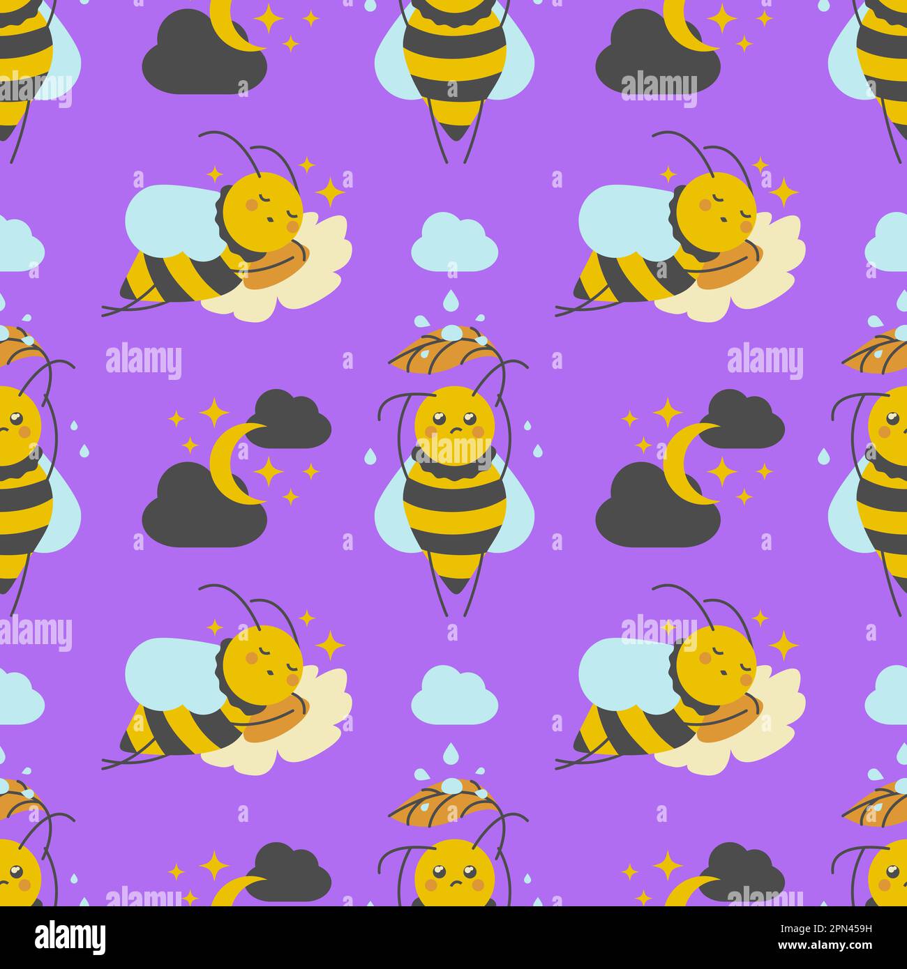 Cute little bees seamless pattern. Purple background with sleeping bees ...