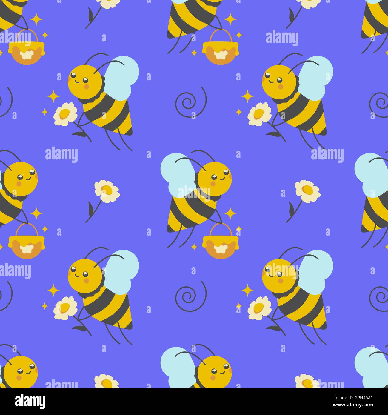 Cute little bees seamless pattern. Blue background with happy bees ...