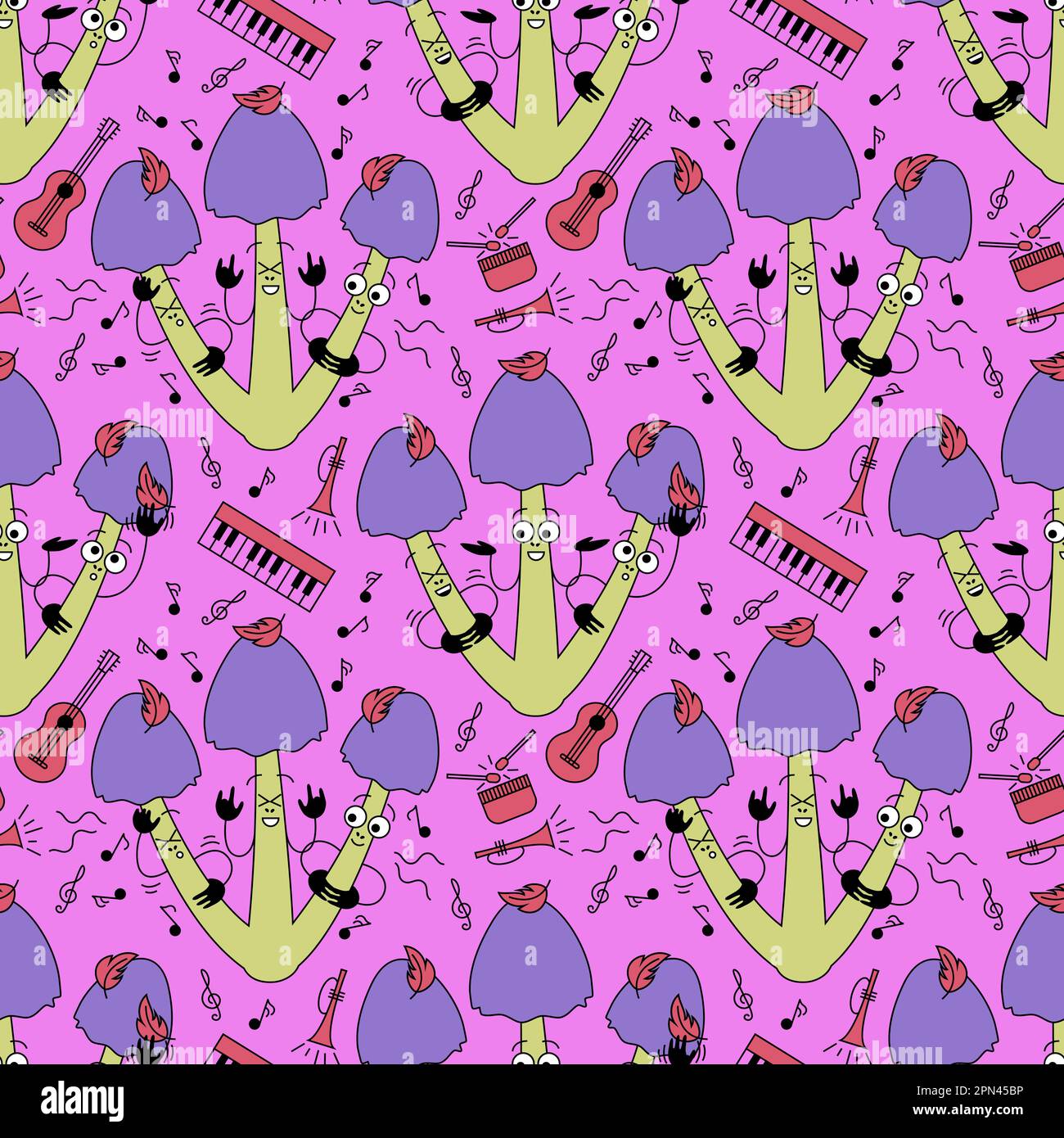 Music mushrooms seamless pattern. Pink background with funguses and ...