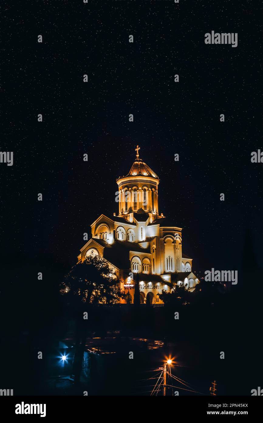 Night photography photo of The Holy Trinity Cathedral of Tbilisi the ...