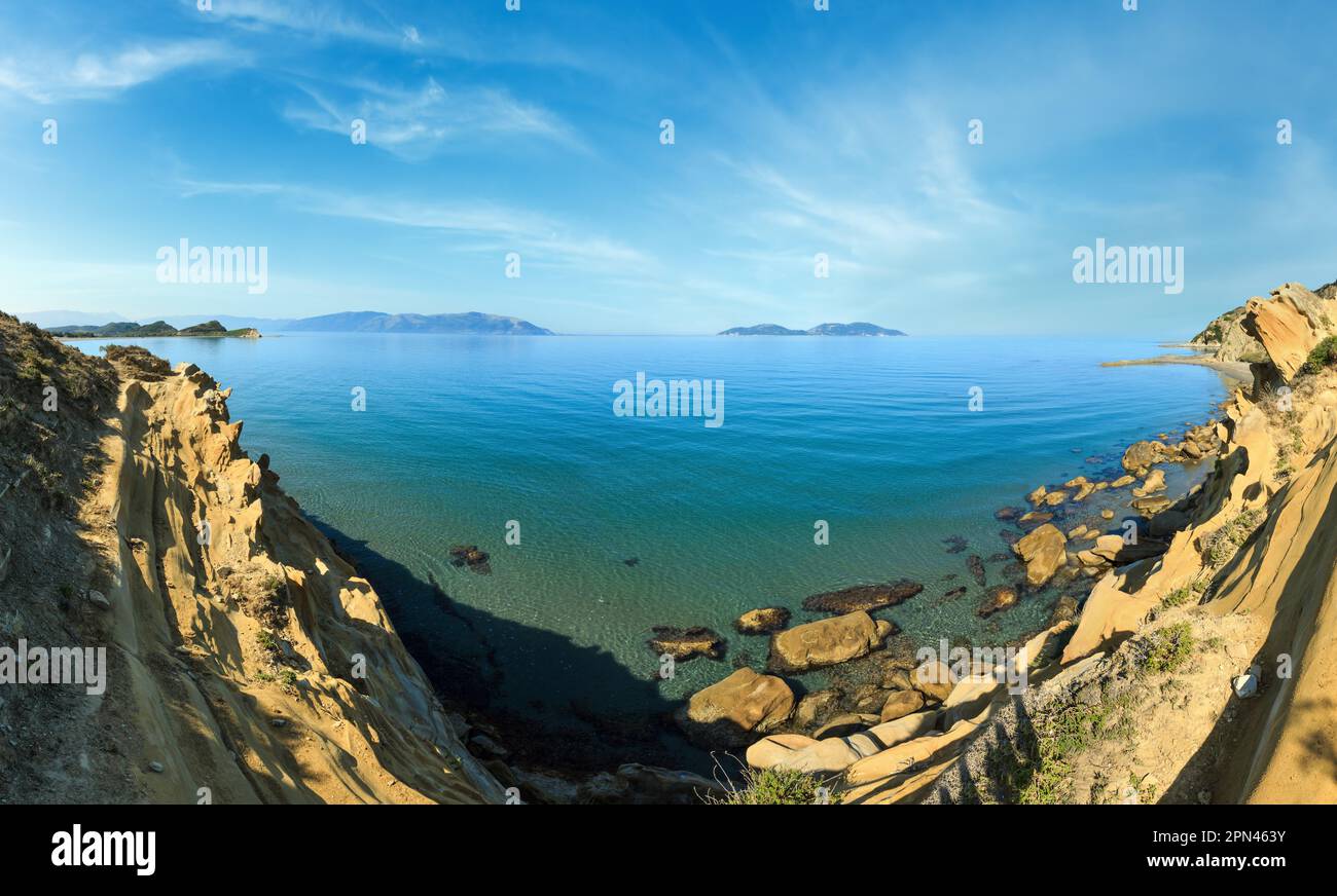 Morning sea rocky coast landscape (Narta Lagoon, Vlore, Albania). Three ...