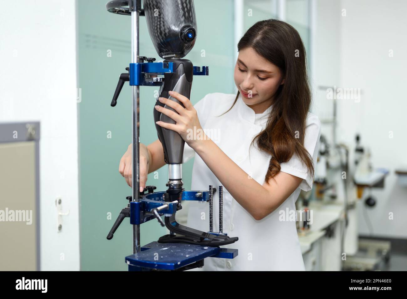 Female technician assembling and fixing parts of modern prosthetic leg ...