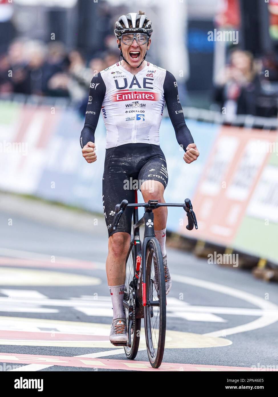 VALKENBURG - Tadej Pogacar celebrates his victory during the 57th ...