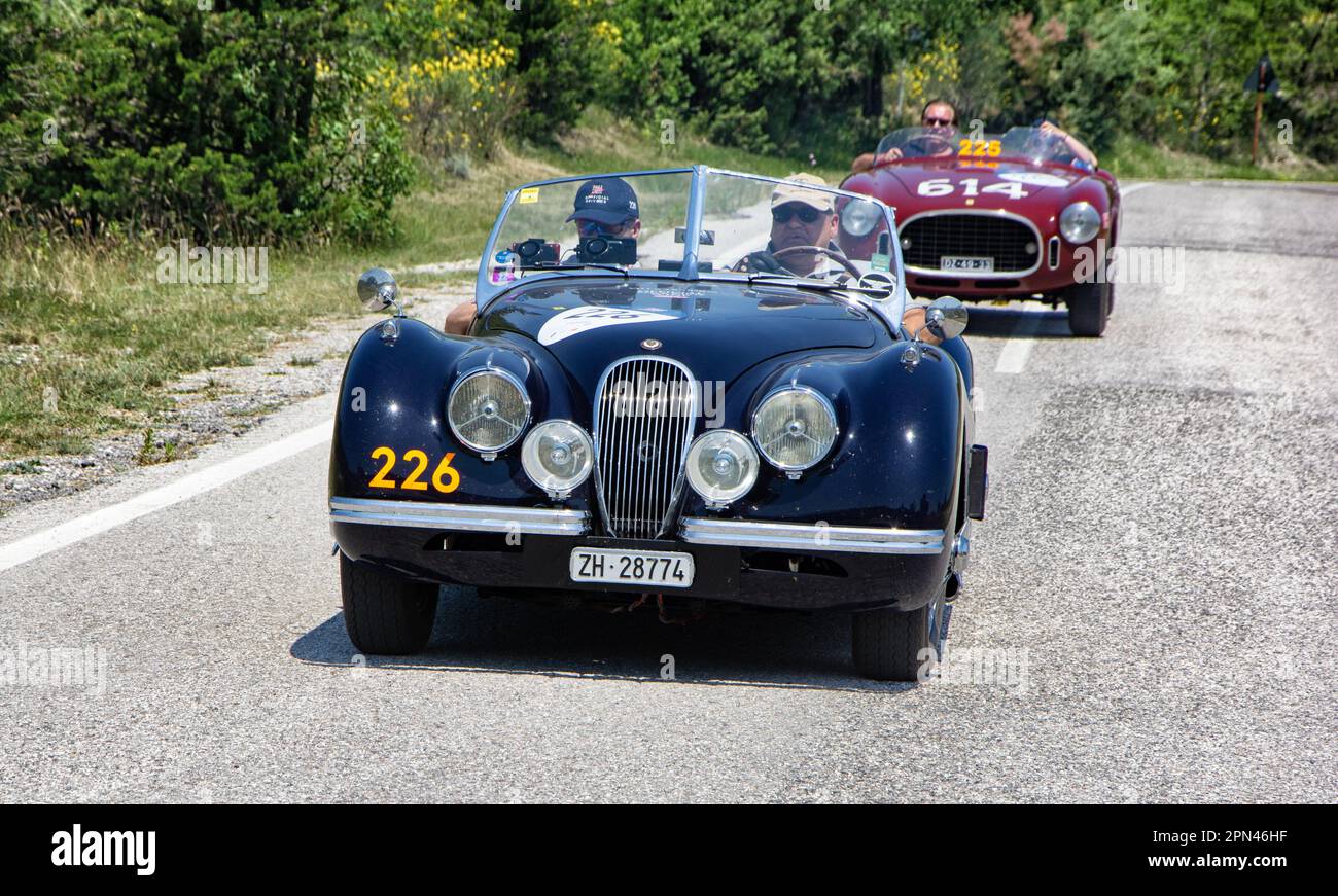 URBINO, ITALY - JUN 16 - 2022 : JAGUAR XK120 OTS ROADSTER 1952 on an ...