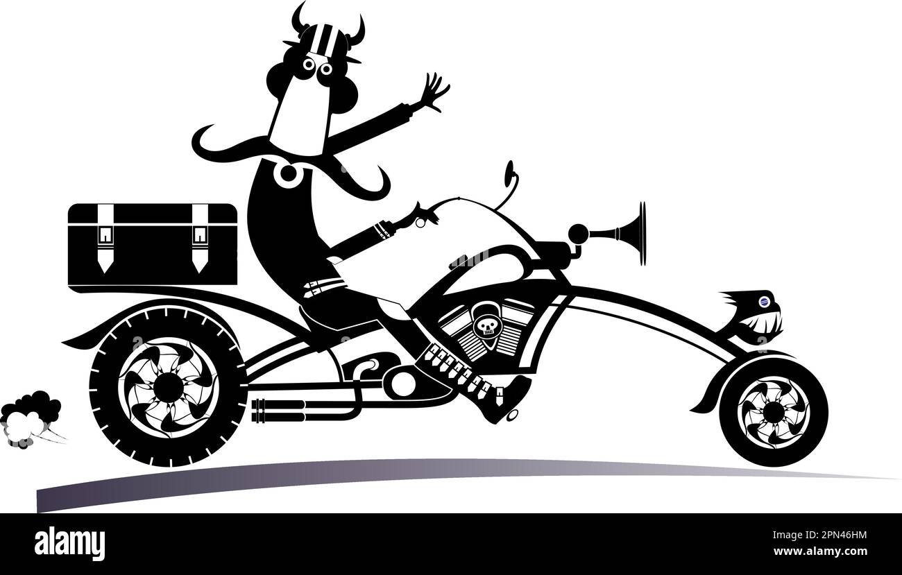 Cartoon biker man isolated illustration. Comic long mustache man riding ...
