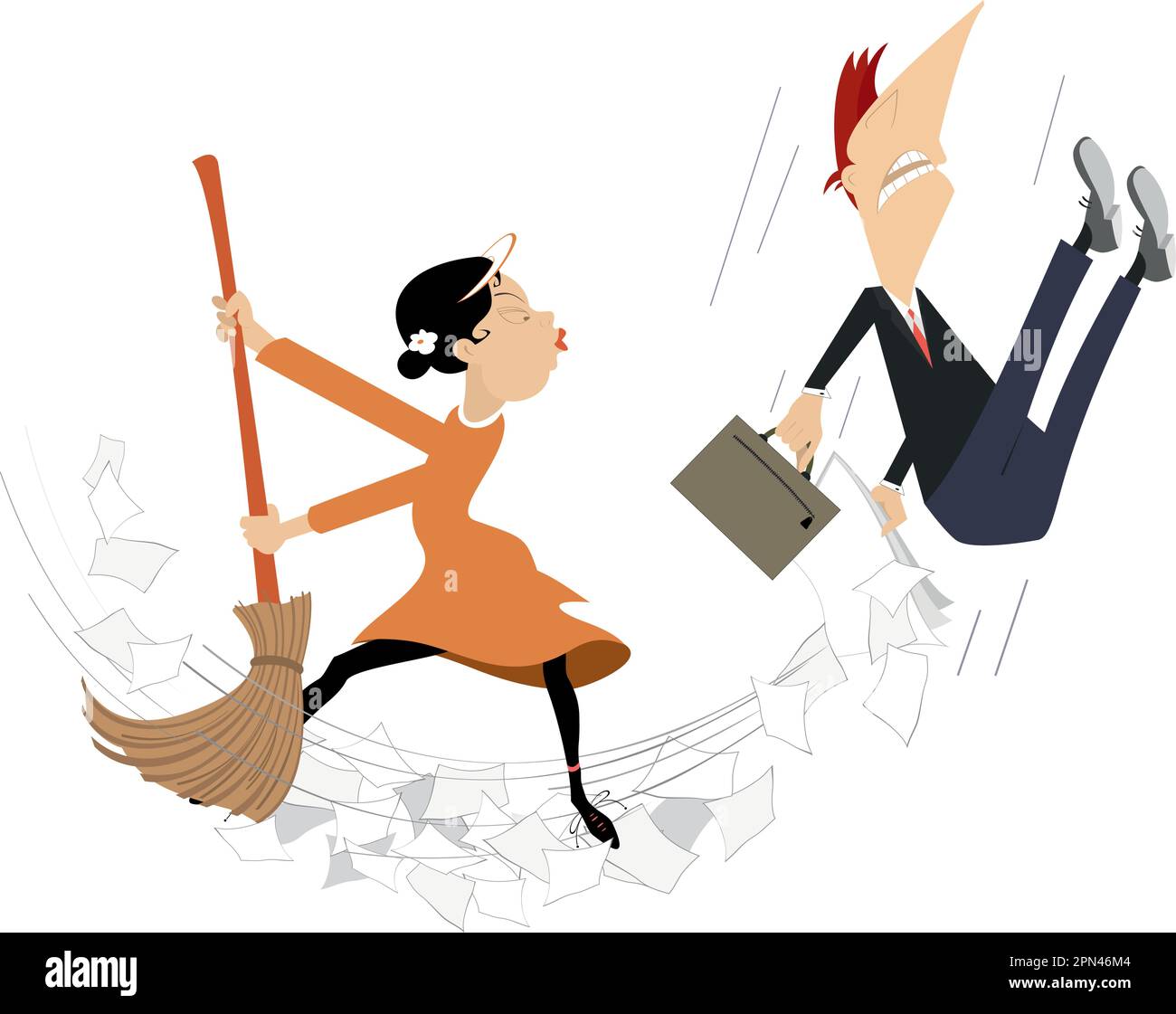 Cartoon woman tidying up the office with the man illustration. Cartoon ...