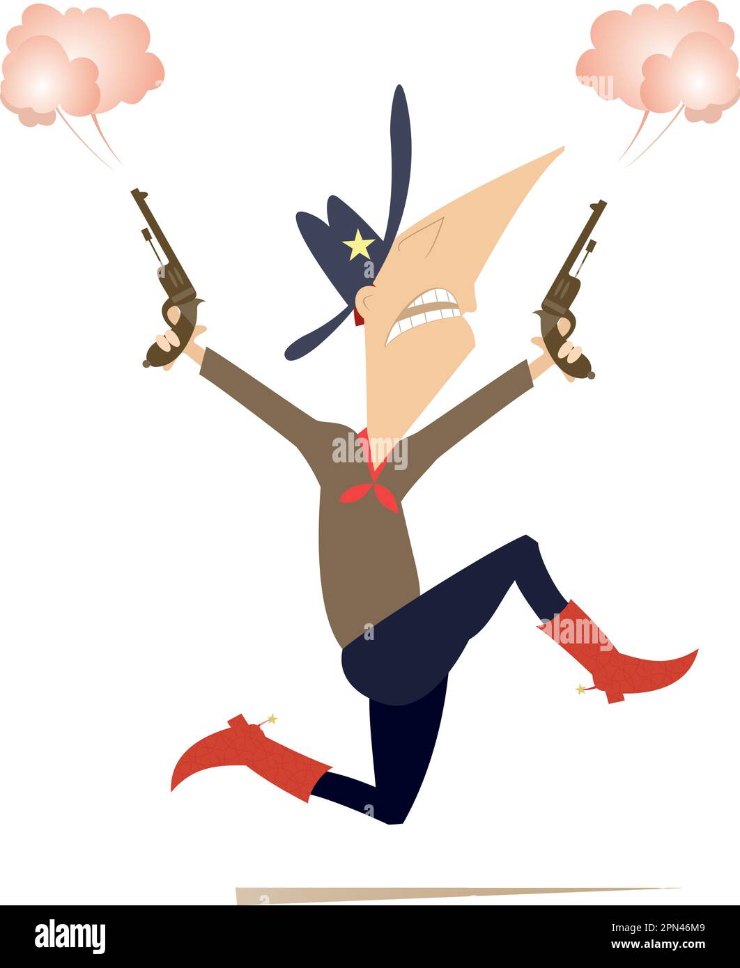 Man or cowboy with two guns illustration. Running cartoon man wears a ...
