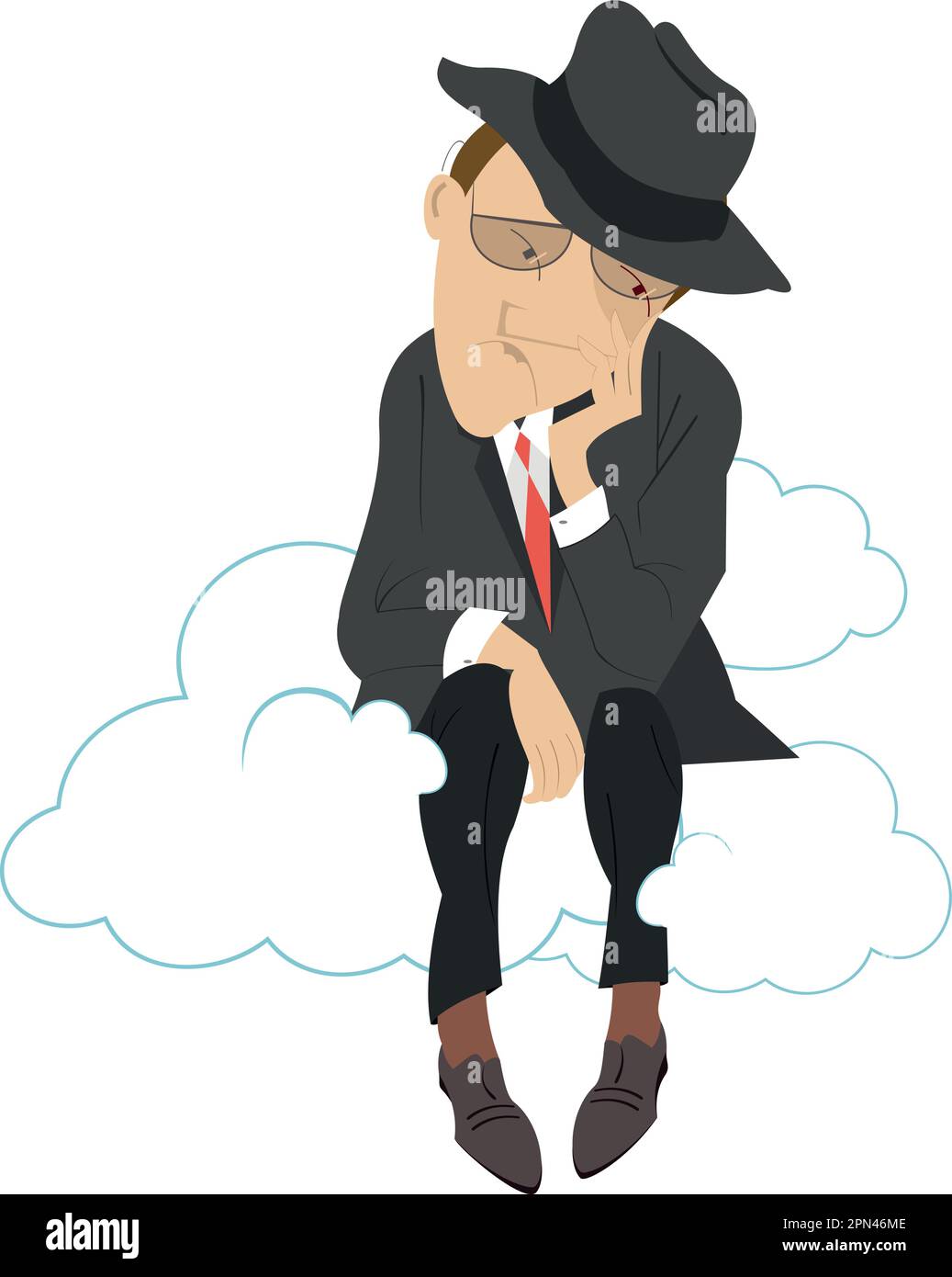Sad man sits on the clouds illustration. Man in low spirits props up a ...