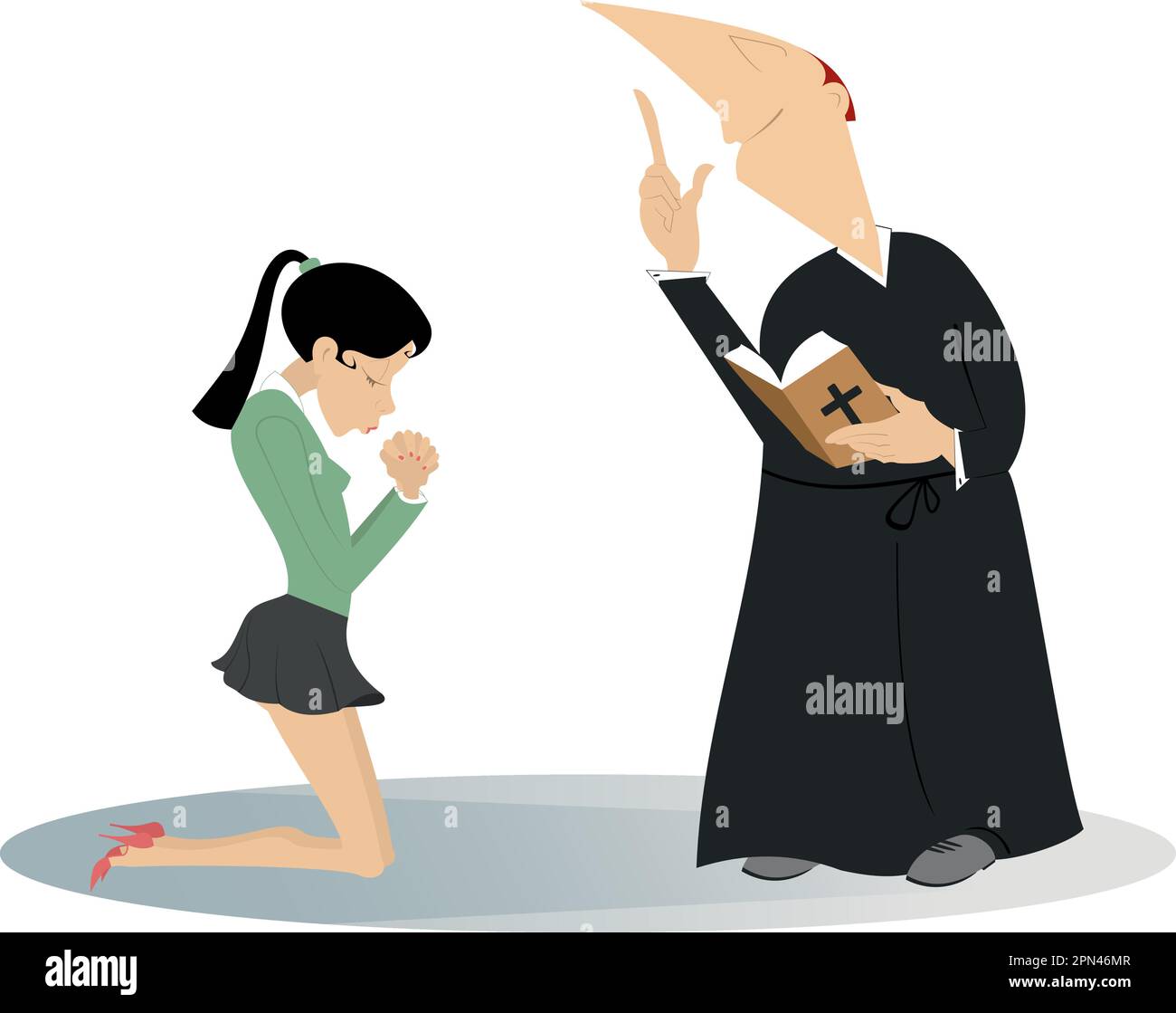 Priest and prayer woman in the kneels illustration. Young woman is ...