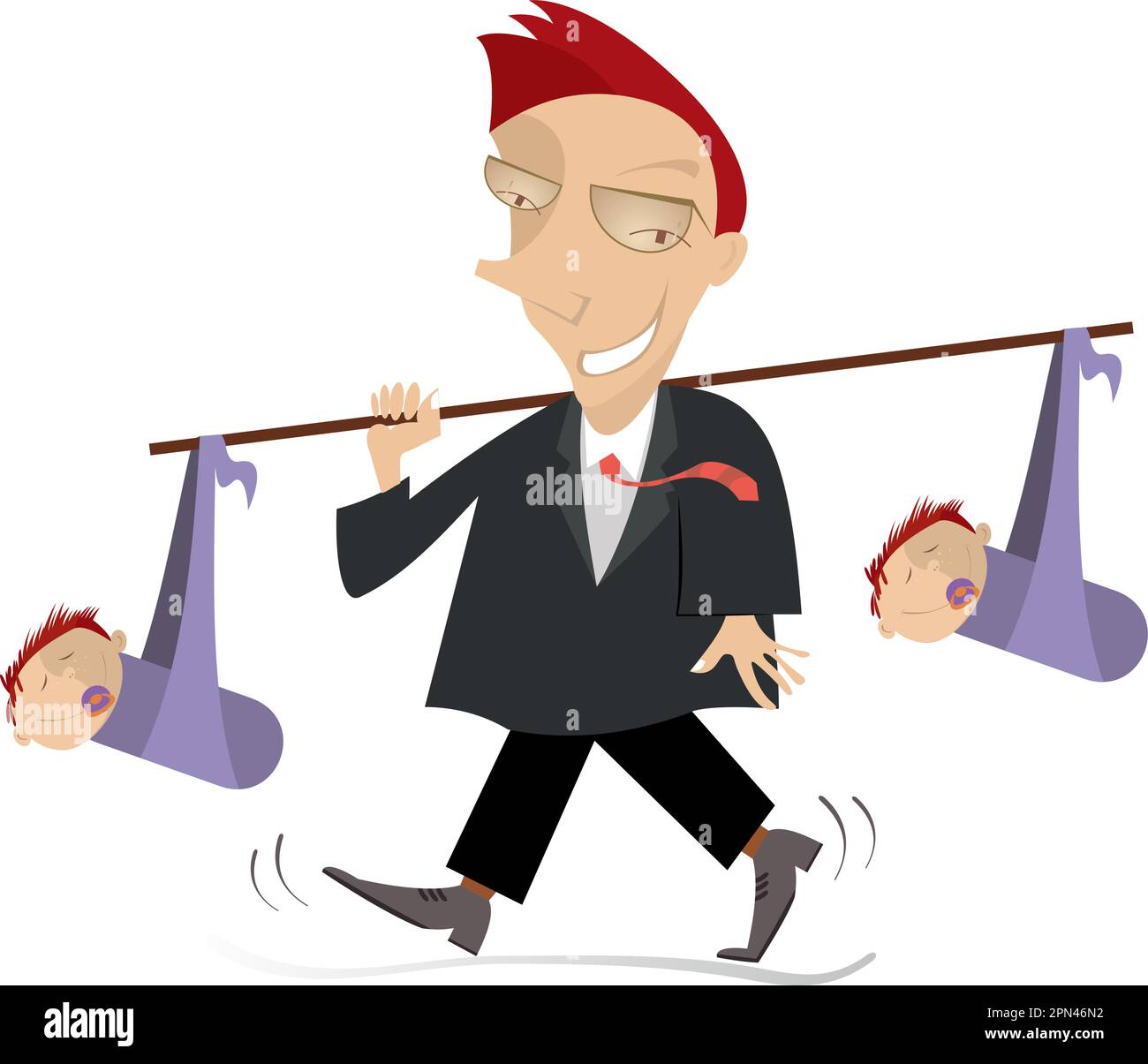 Father and two babies fun illustration. Smiling young man carries two ...