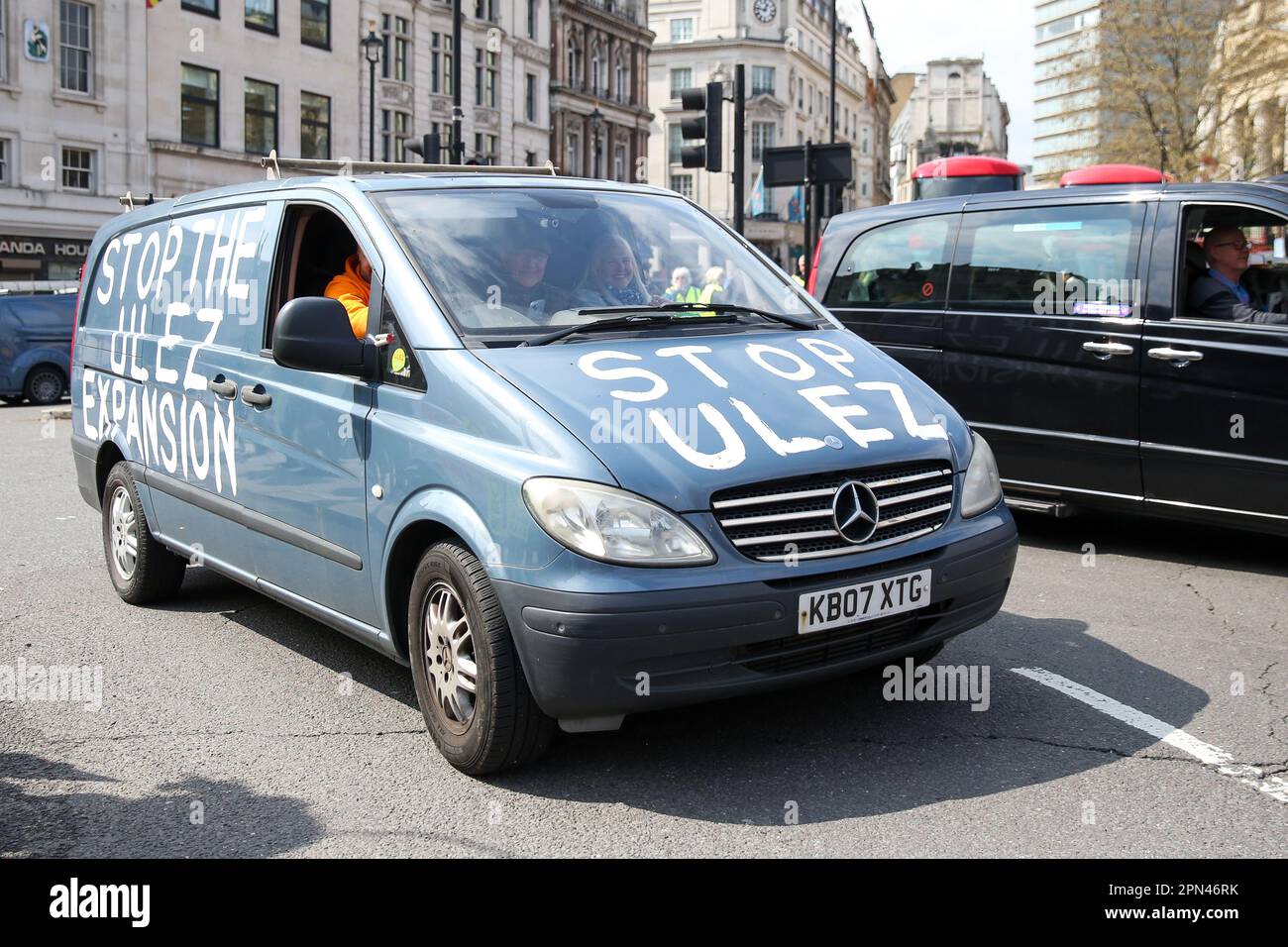 London, UK. 15th Apr, 2023. A van seen with words that read 'Stop ULEZ ...