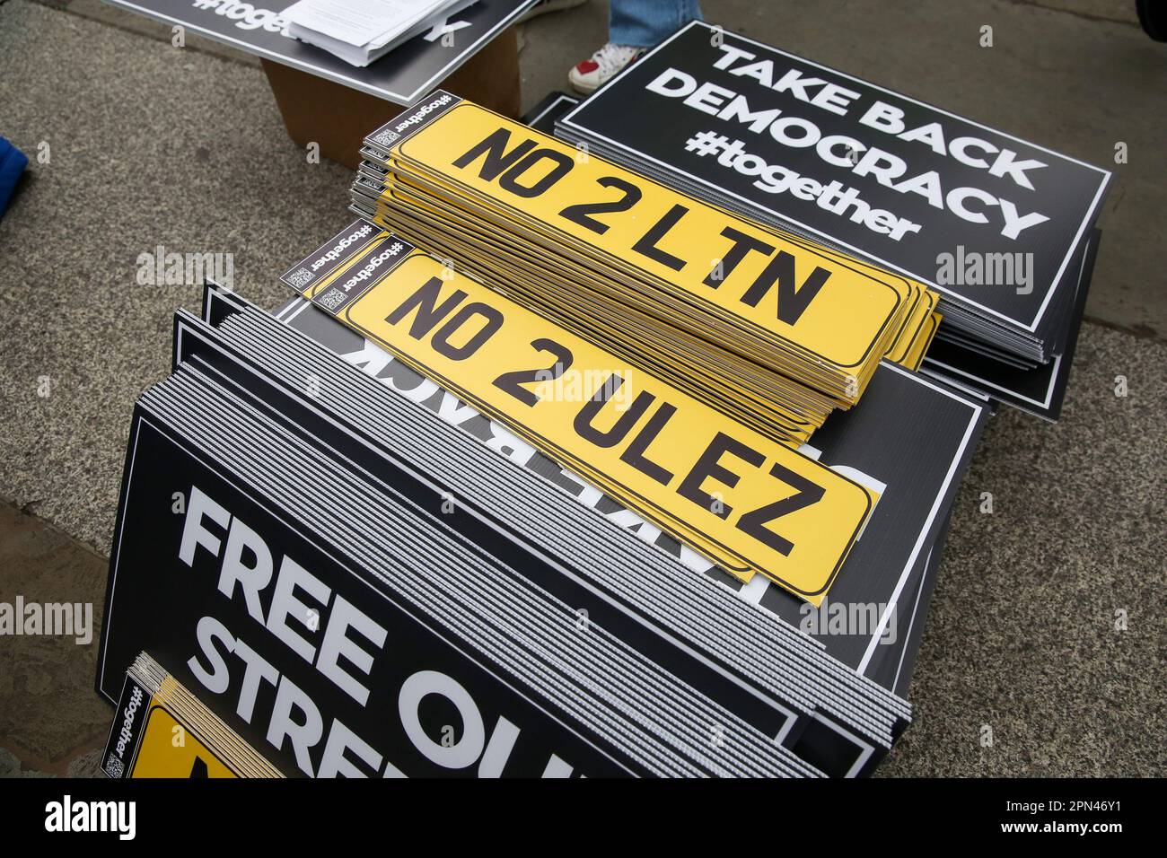 London, UK. 15th Apr, 2023. Signs seen on the ground during the ...