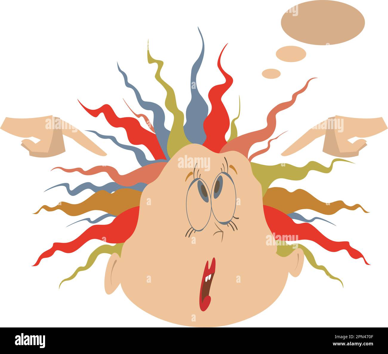 Thinking head and two hands isolated illustration. Funny woman thinks ...