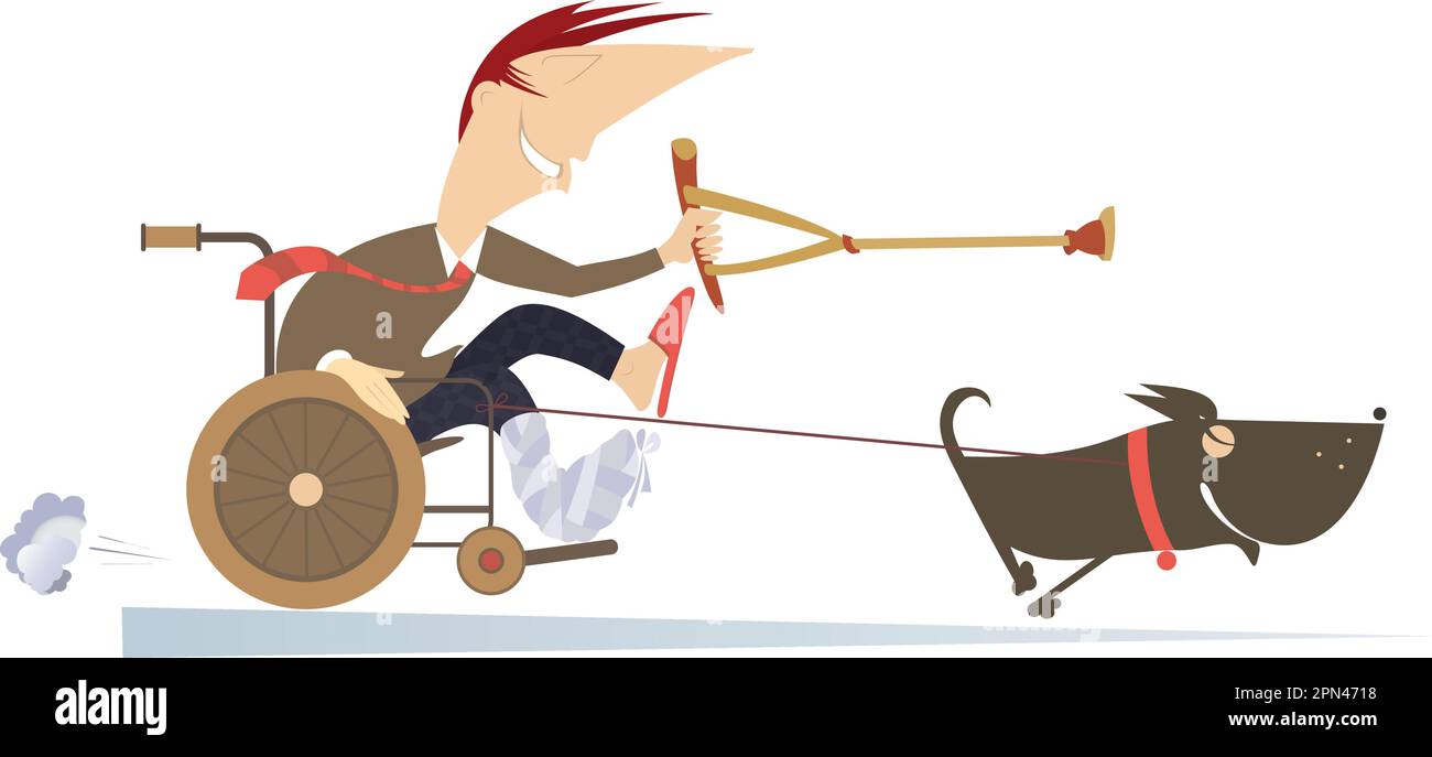 Comic man with bandage on the broken leg sitting in the wheelchair and ...