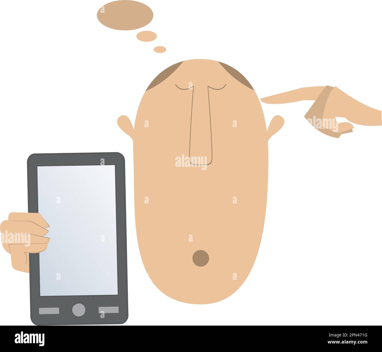 Man holds smart phone, thinks about something and points finger to the ...