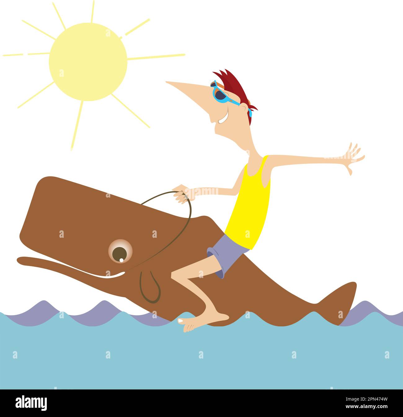 Smiling man rides on the whale isolated. Cartoon smiling man rides on ...