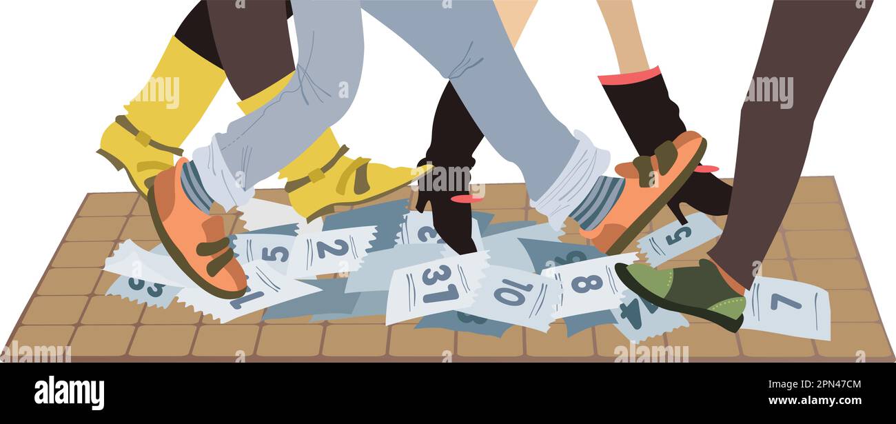 Legs of the people and calendar sheets are on the pave stone. Legs of ...