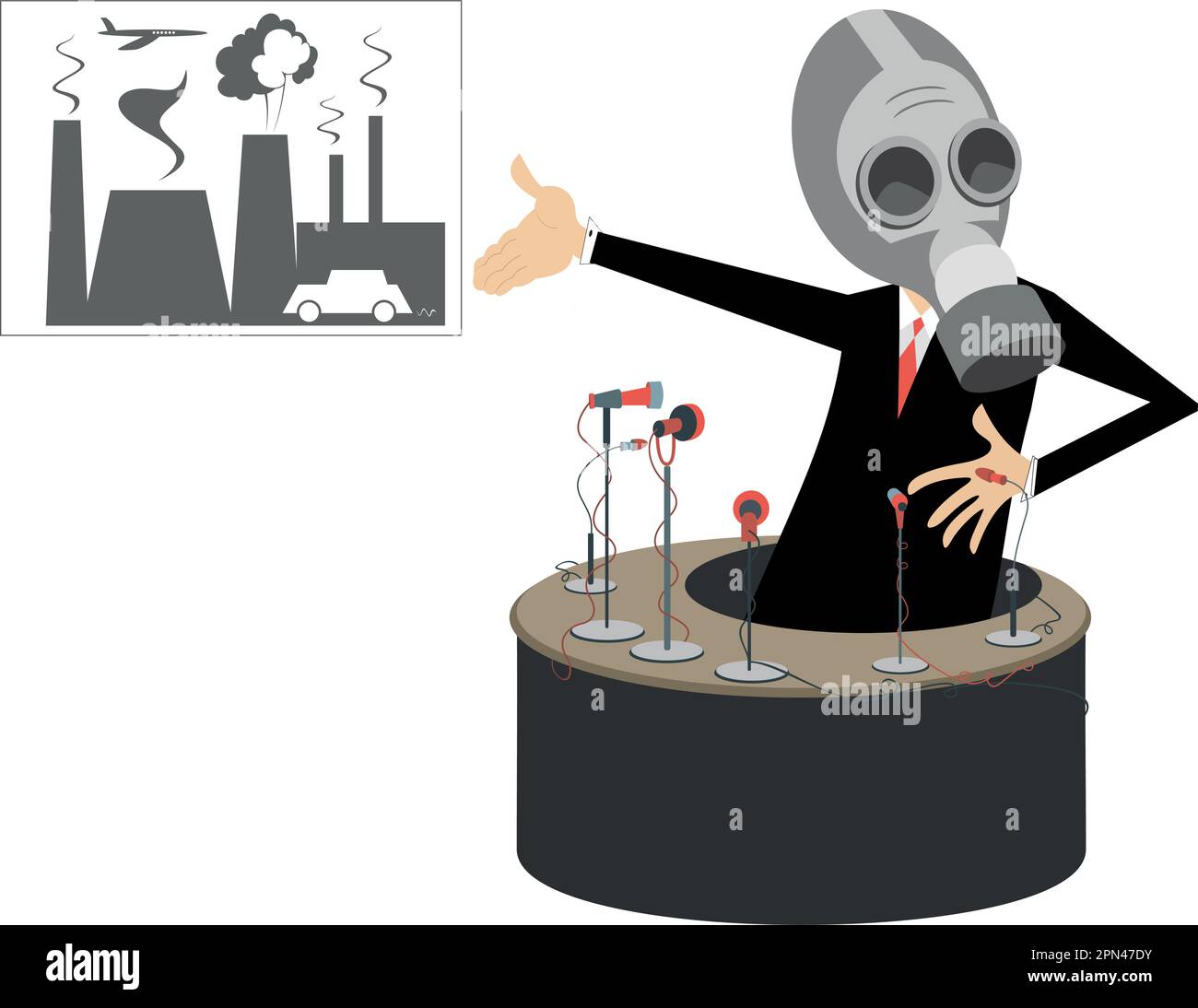 Reporter in the gas mask, mass media and banner showing the polluted ...