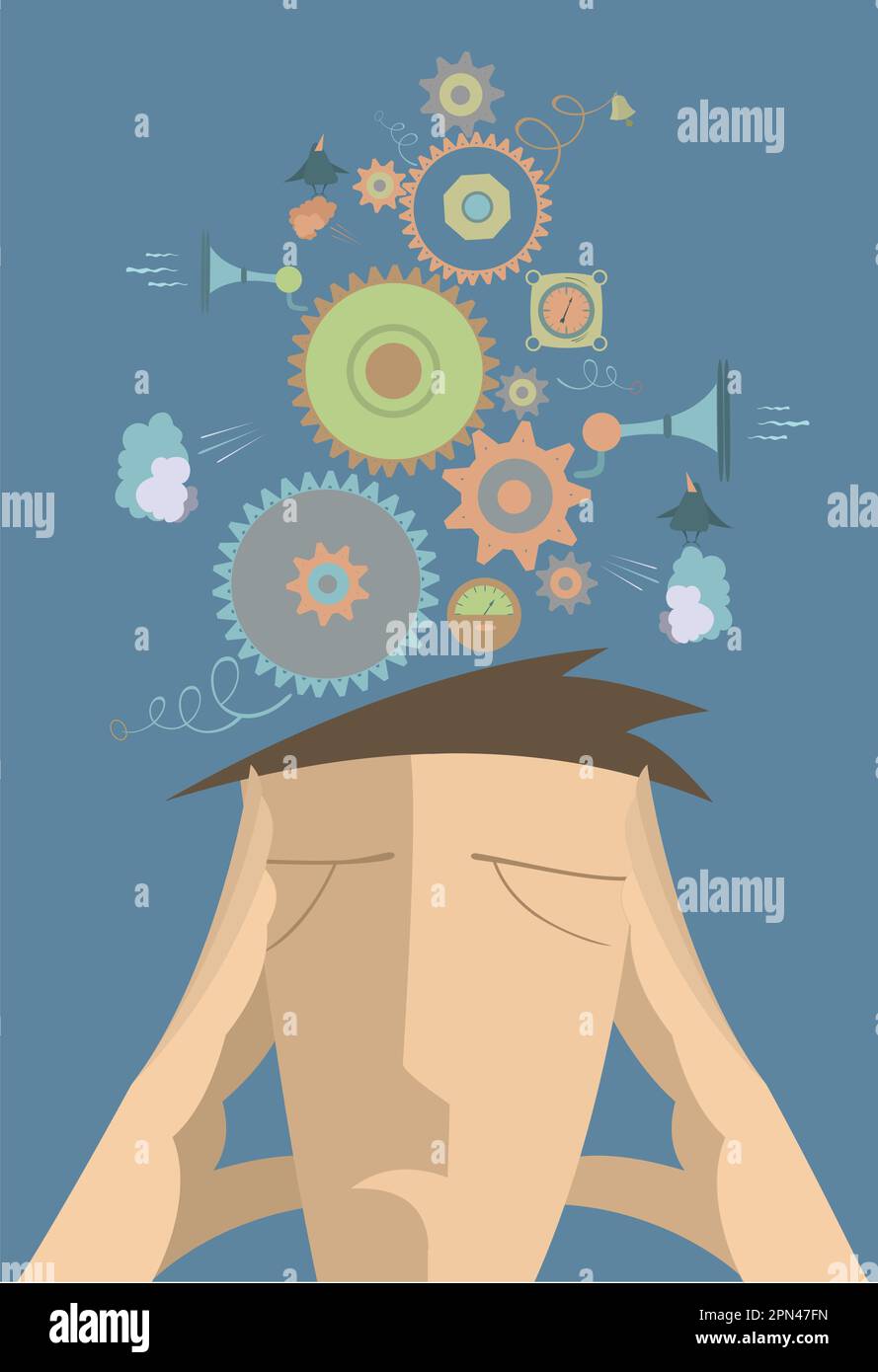 Thinking man concept illustration. Serious man puts hands to the head ...