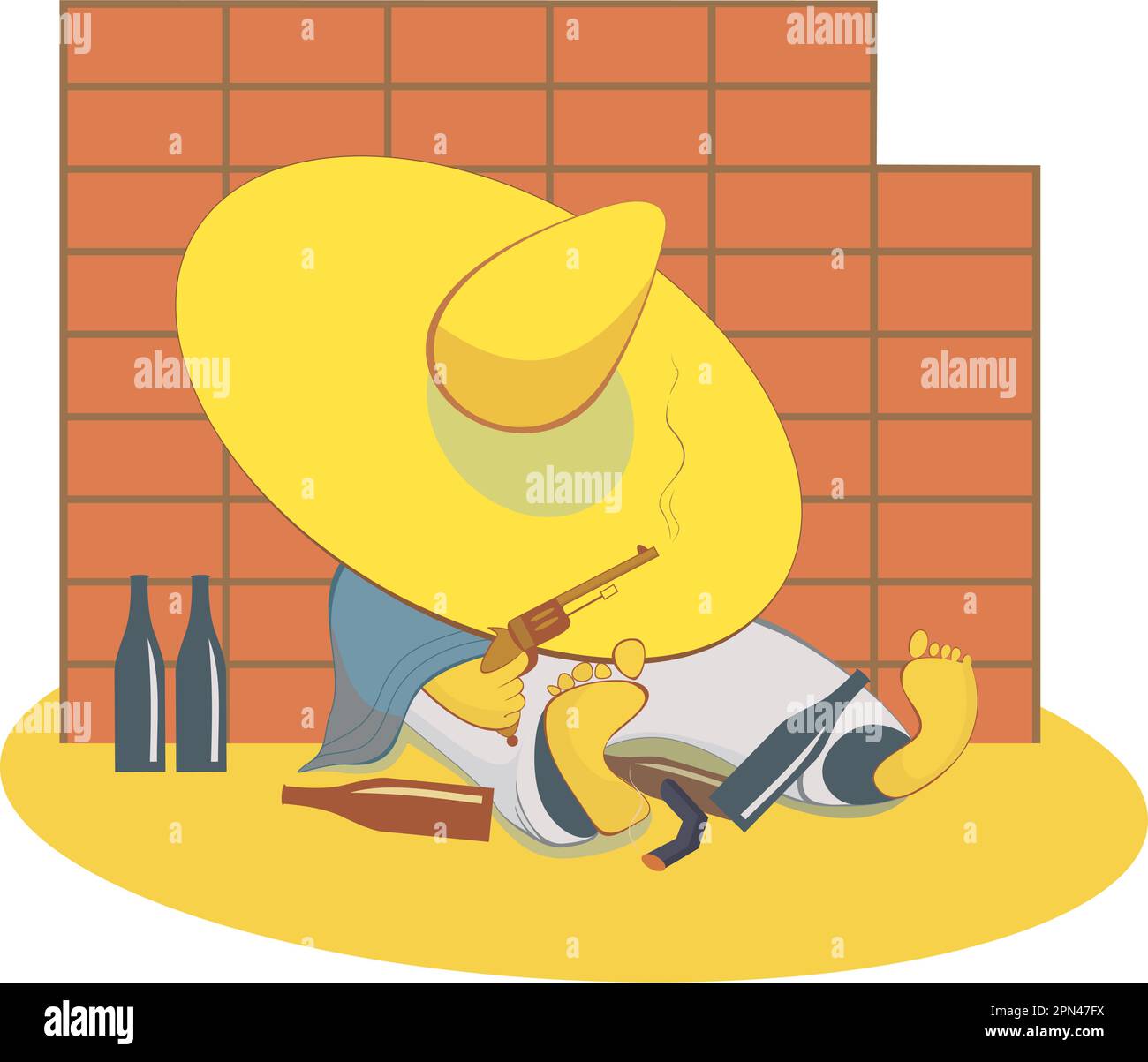 Drunken cowboy with a gun pulls his hat over his eyes and lies near the ...