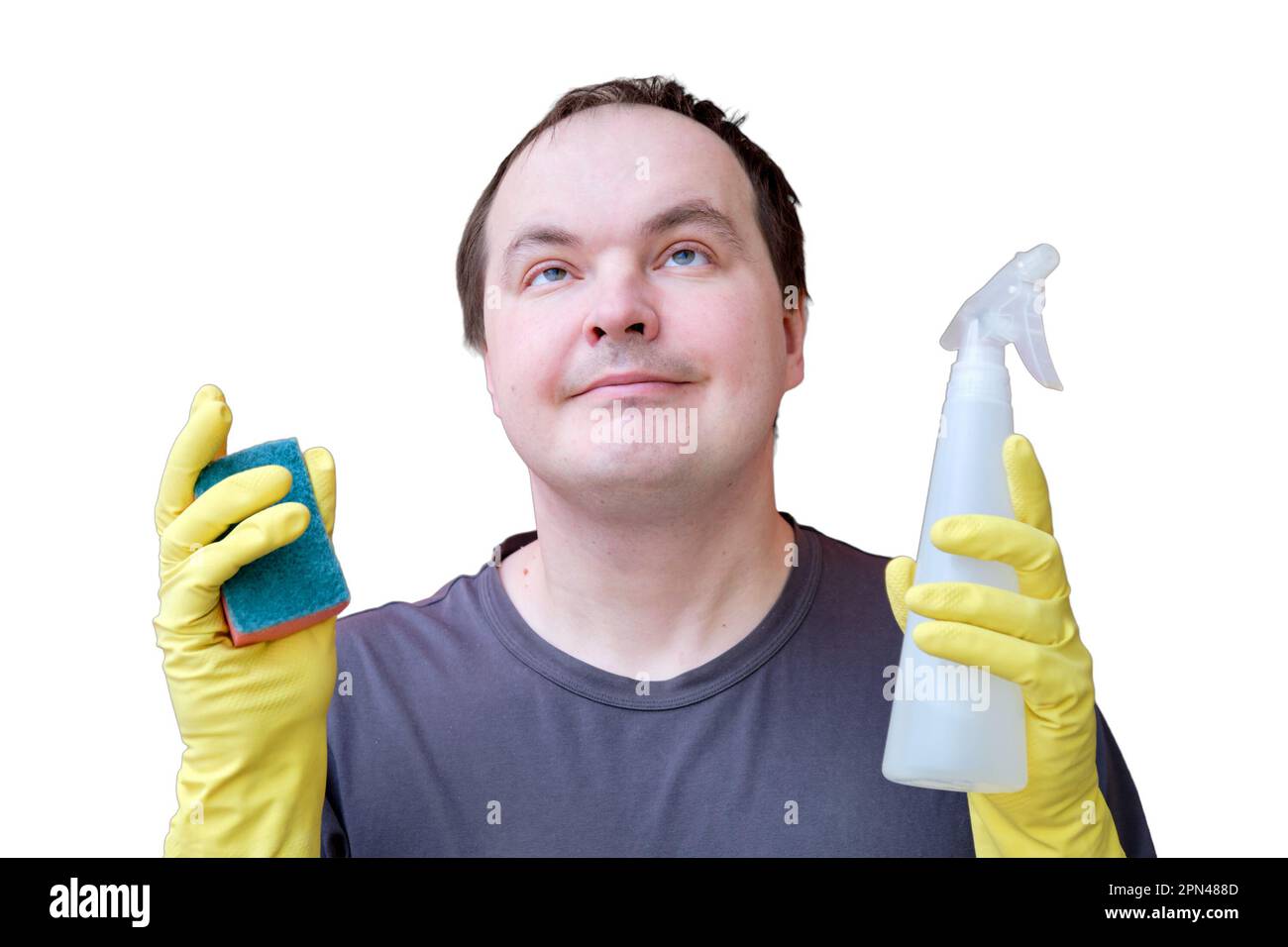 Happy man cleaner in yellow gloves, portrait on studio isolated on a ...