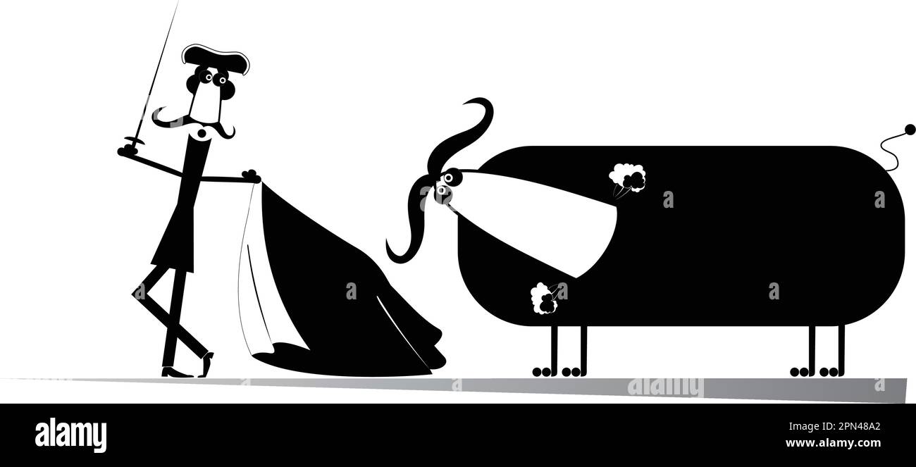 Cartoon bullfighter and a bull isolated illustration. Cartoon long ...
