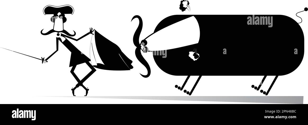 Cartoon bullfighter and a bull isolated illustration. Cartoon long ...