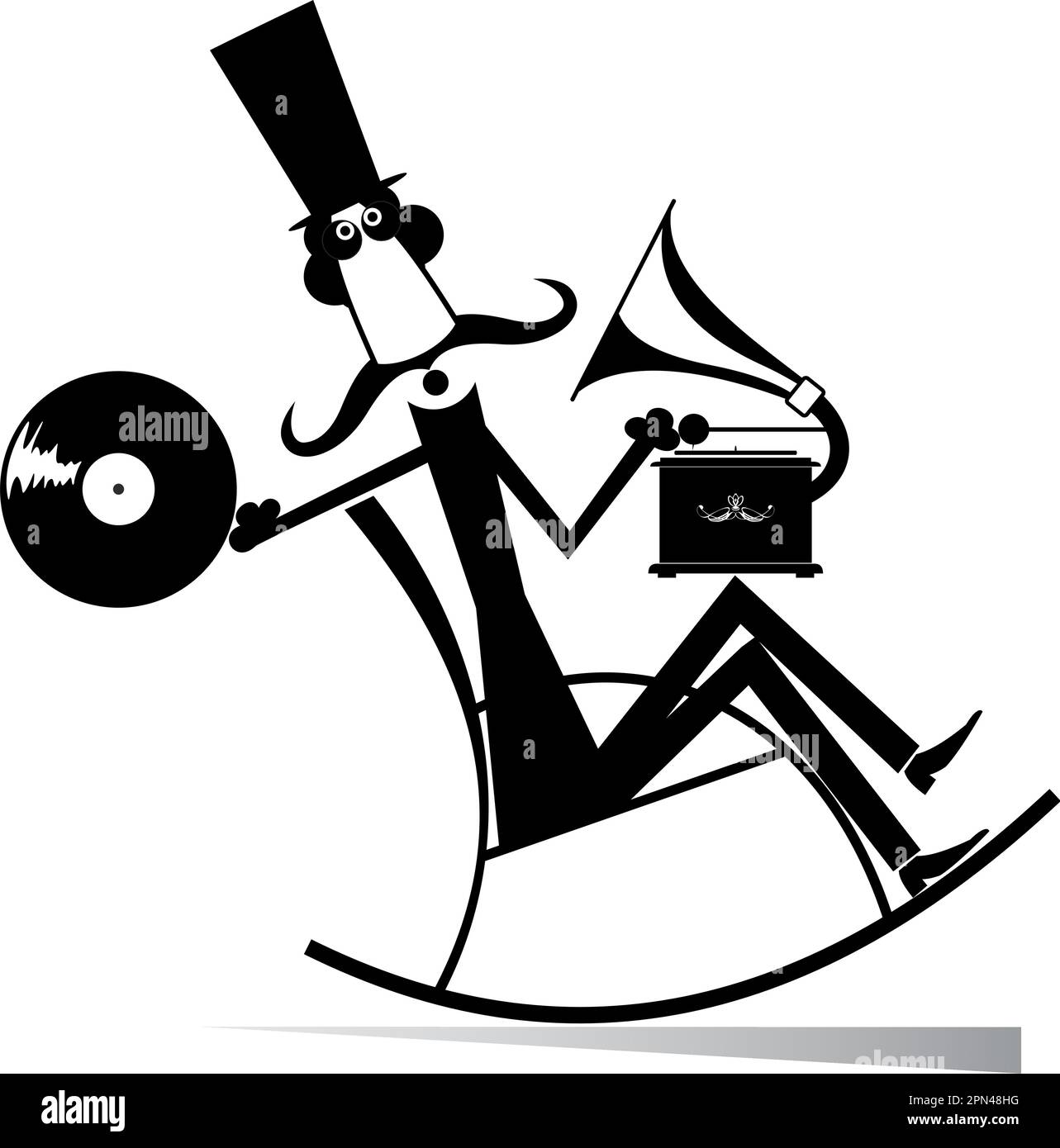 Mustache man in the top hat sits in the rocking chair listens music on ...