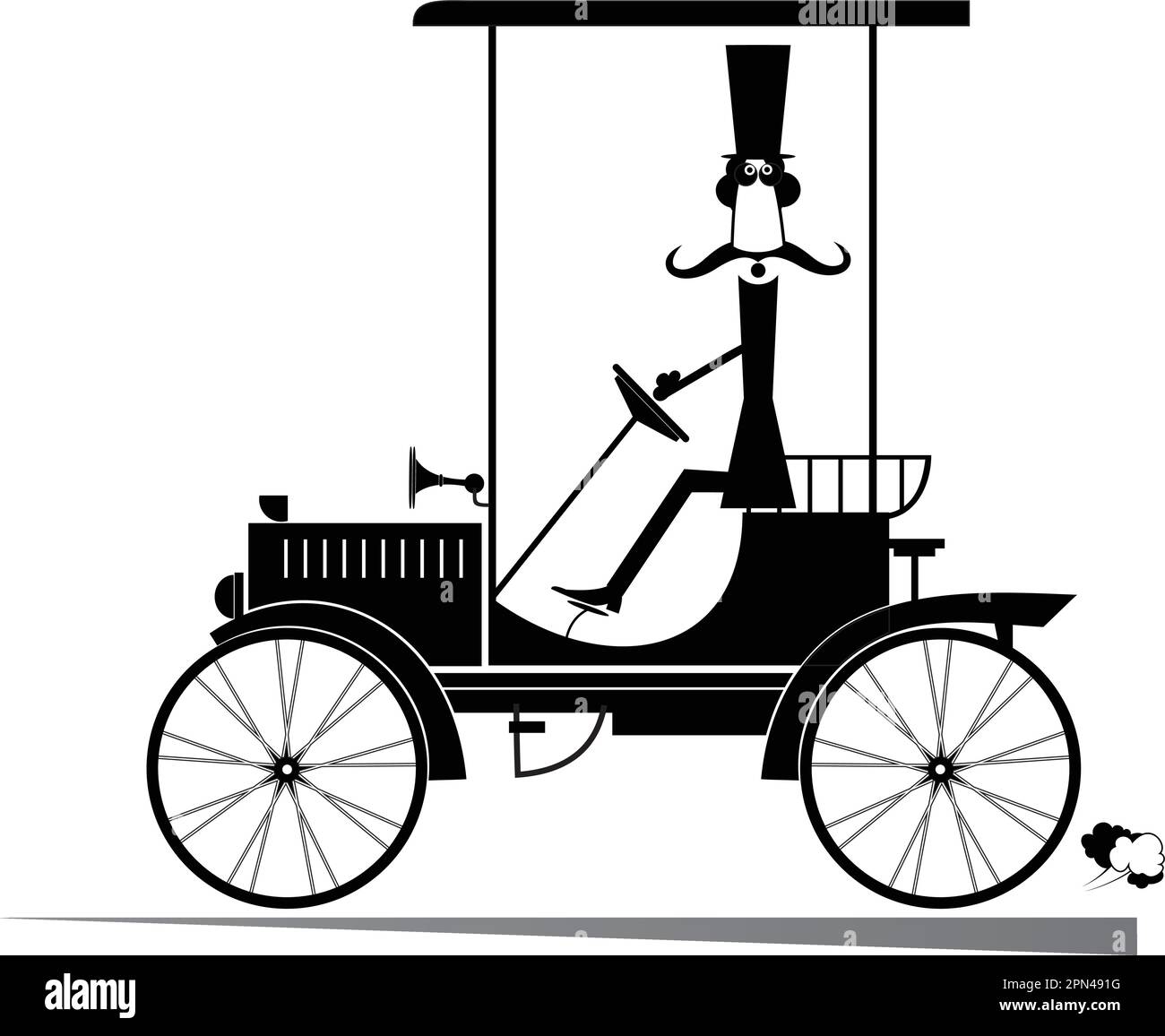 Gentleman in the retro car isolated. Smiling man in the top hat drives ...