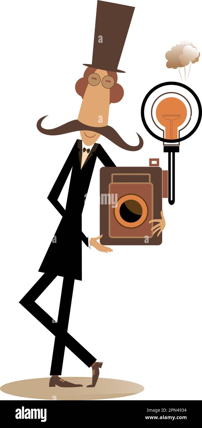 Cartoon long mustache photographer in the top hat makes a photo using ...