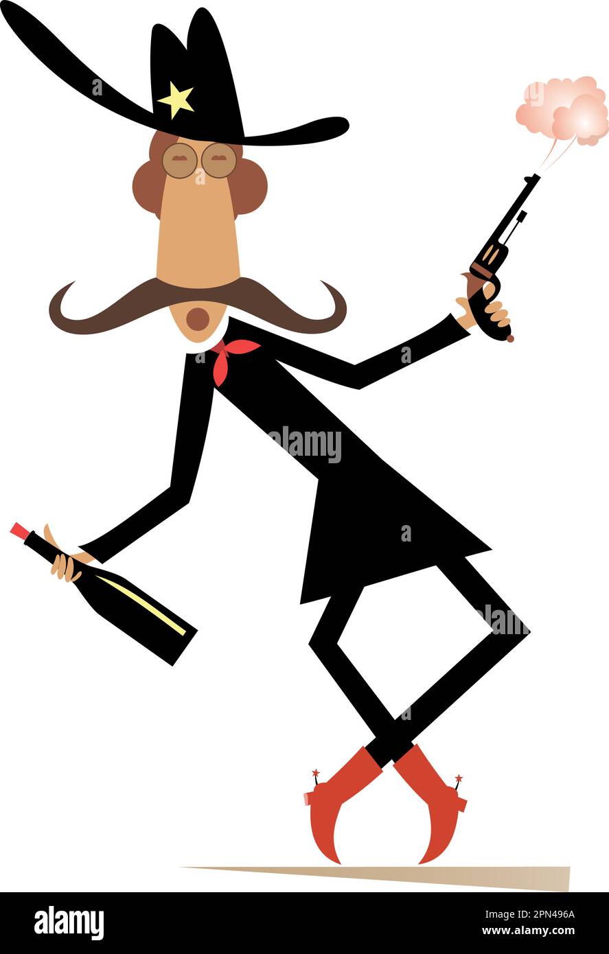 Man or cowboy with two guns illustration. Cartoon man wears a Stetson ...