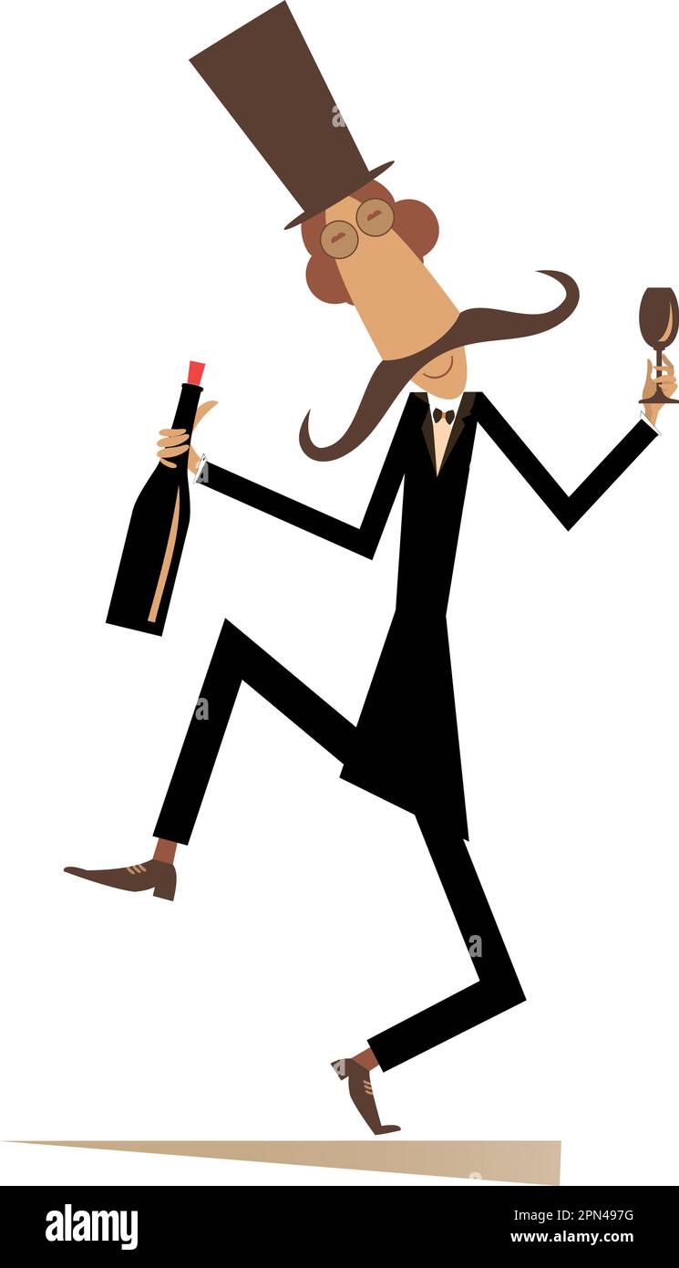 Funny dancing man with bottle of wine and footed tumbler illustration ...