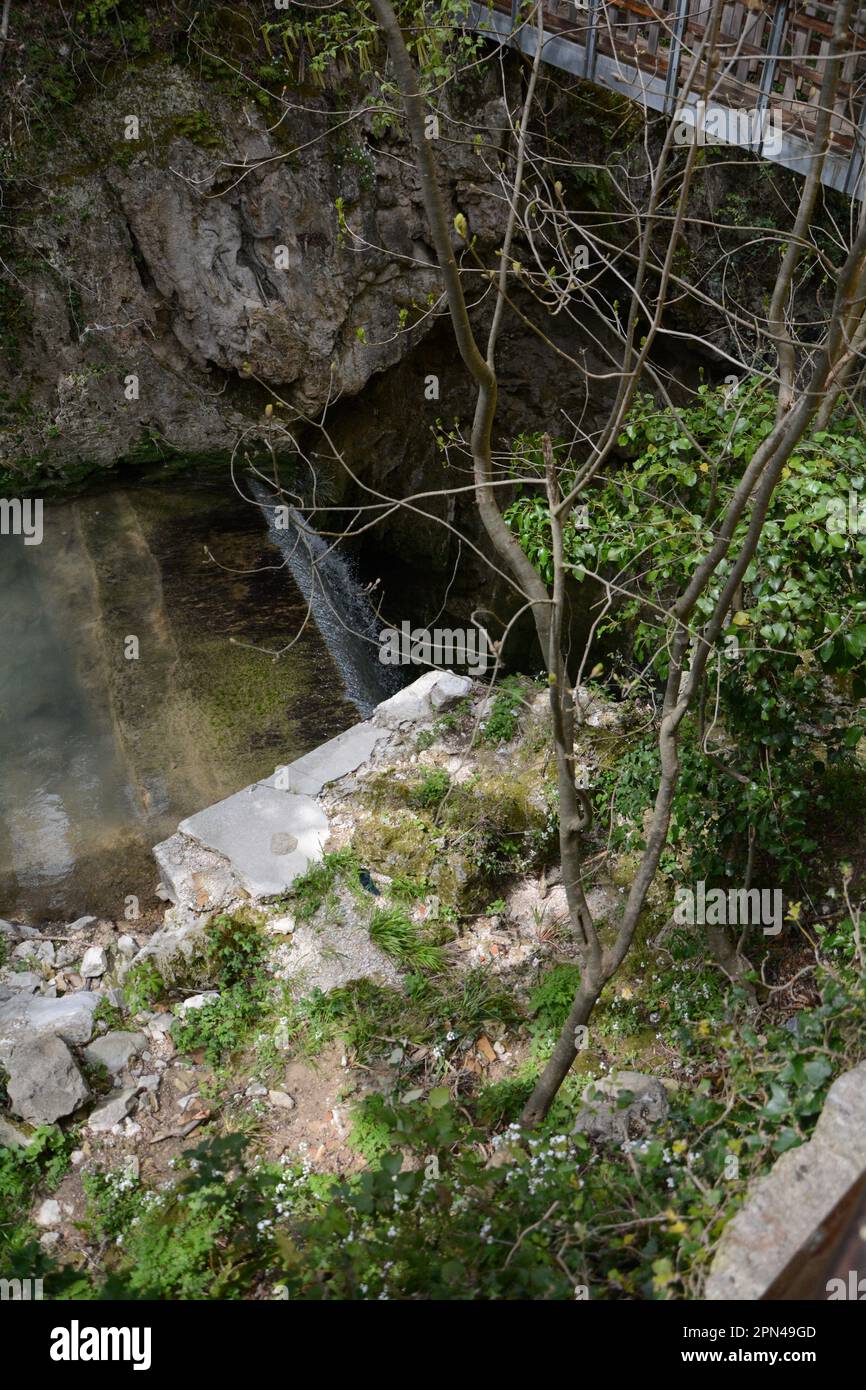 waterfall of Pioraco, Italy, landscape waterfall in the forest ...