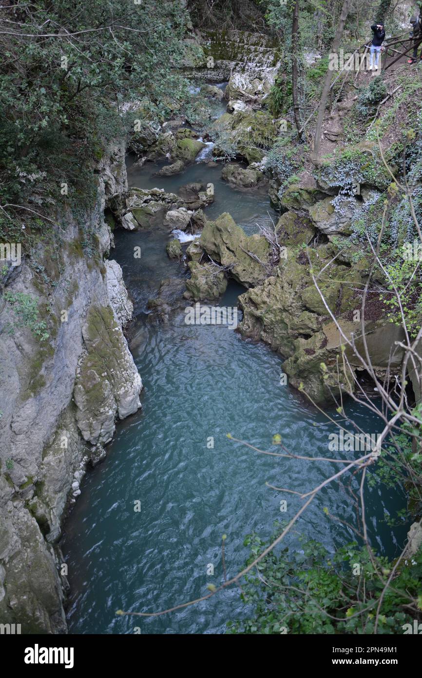 waterfall of Pioraco, Italy, landscape waterfall in the forest ...