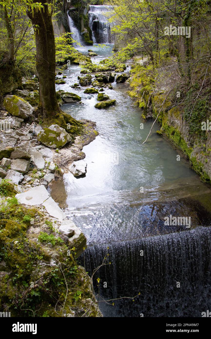 waterfall of Pioraco, Italy, landscape waterfall in the forest ...