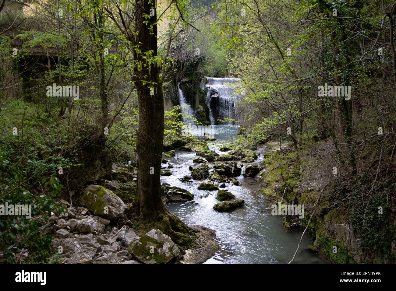 waterfall of Pioraco, Italy, landscape waterfall in the forest ...