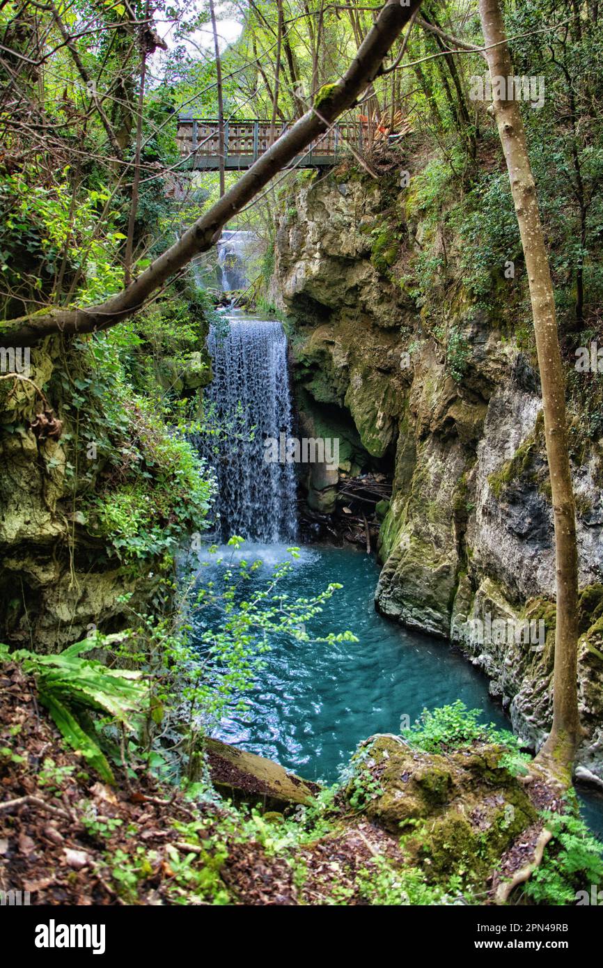 waterfall of Pioraco, Italy, landscape waterfall in the forest ...